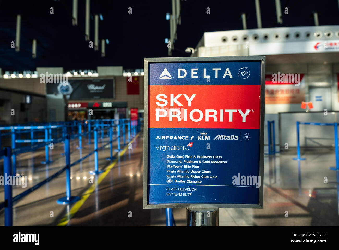Delta Air Lines Sky Priority sign seen in Shanghai Pudong International ...