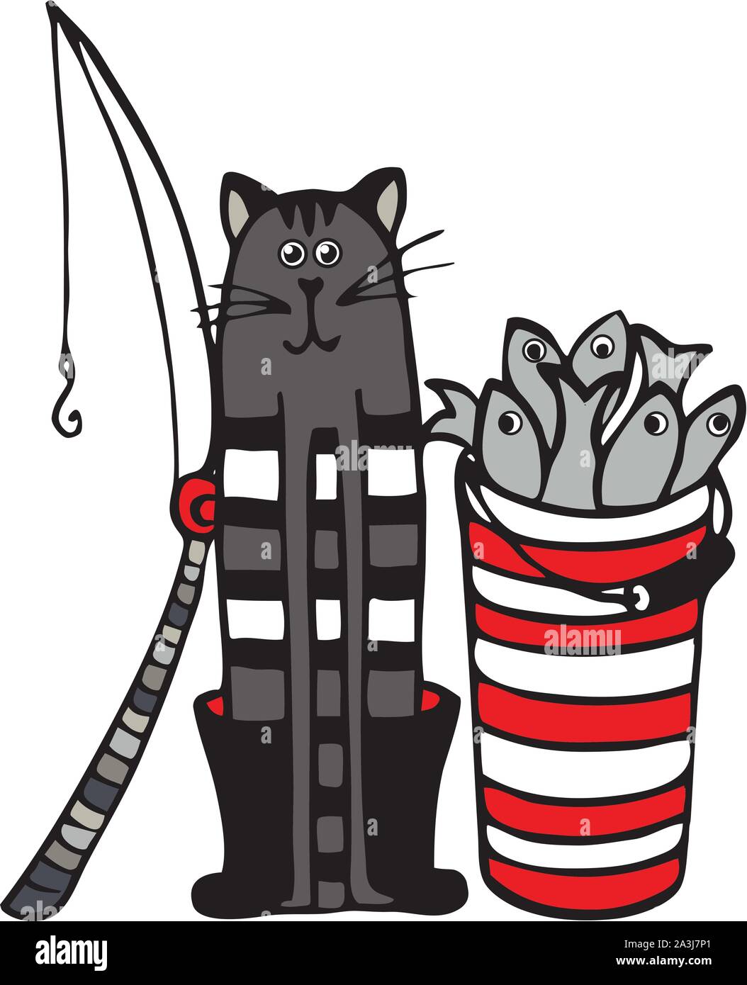 Cat fisherman with a bucket of fish and fishing rod. Vector Stock ...