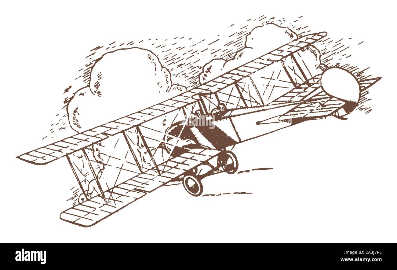 Historical two-seater biplane flying towards large clouds. Illustration ...