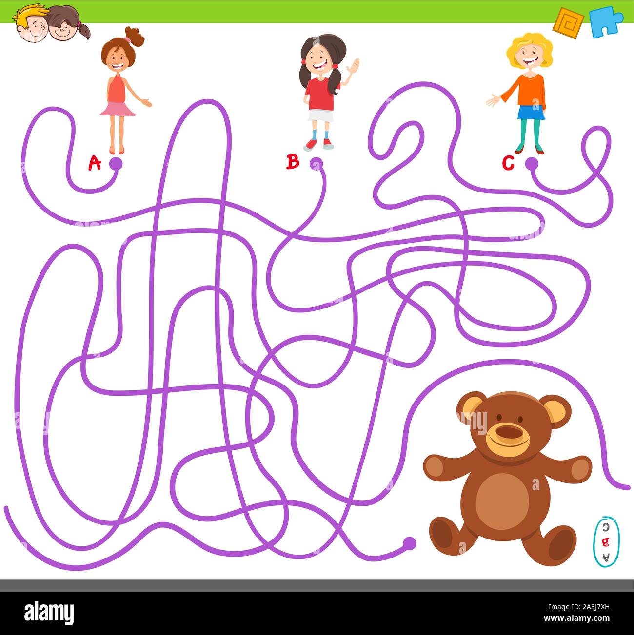 Cartoon Illustration of Lines Maze Puzzle Activity Game with Girls ...