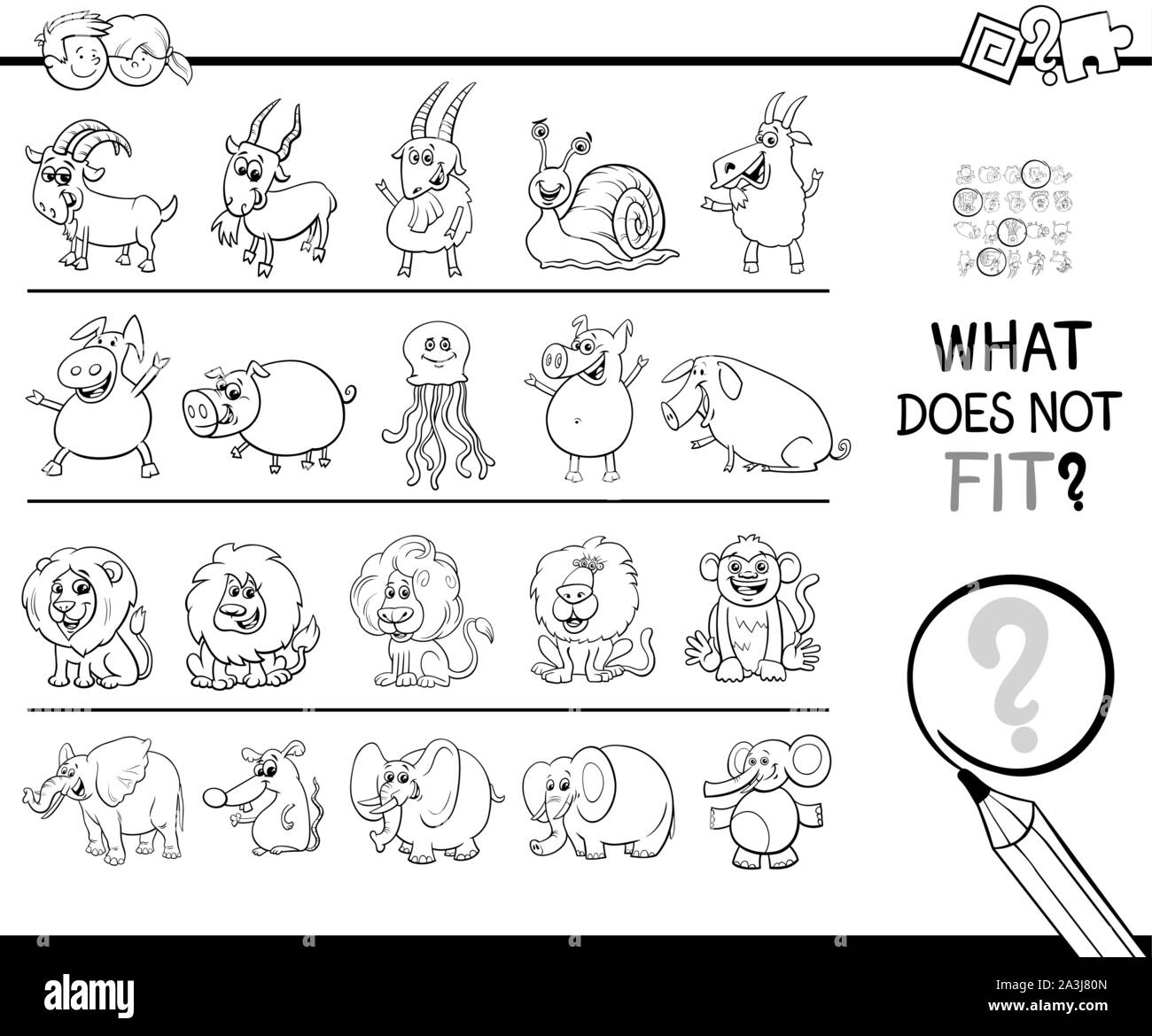 Black and White Cartoon Illustration of Finding Picture that does not ...