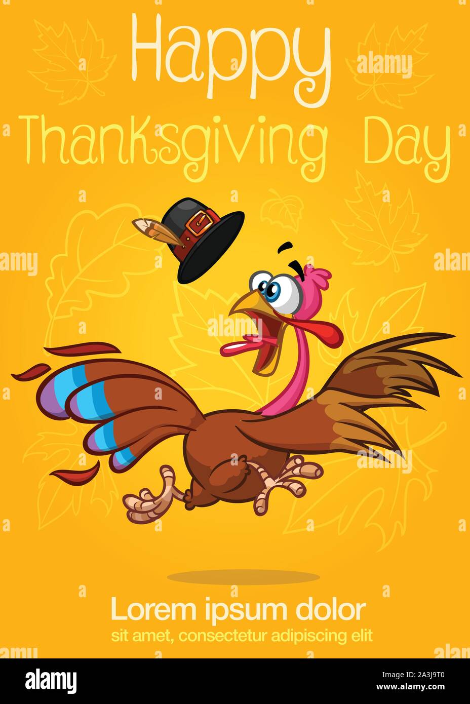 Happy turkey cartoon running isolated on orange background. Vector ...
