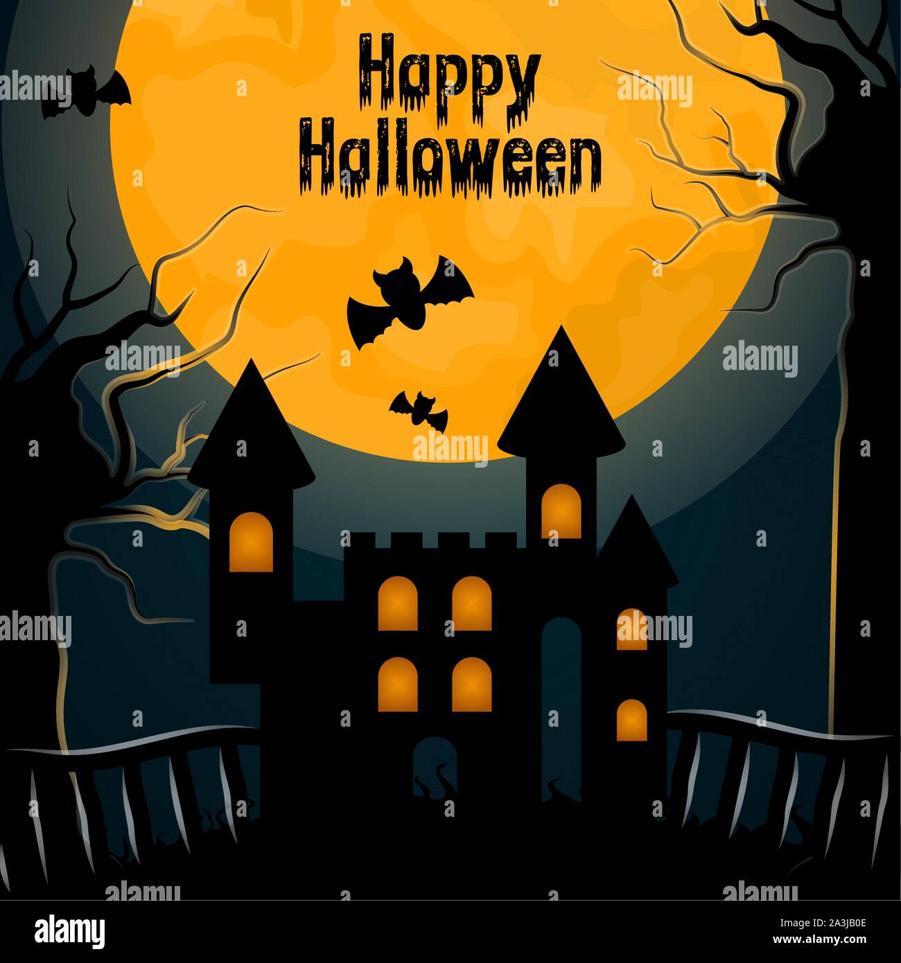 Happy halloween card with a dark castle and dry trees - Vector ...