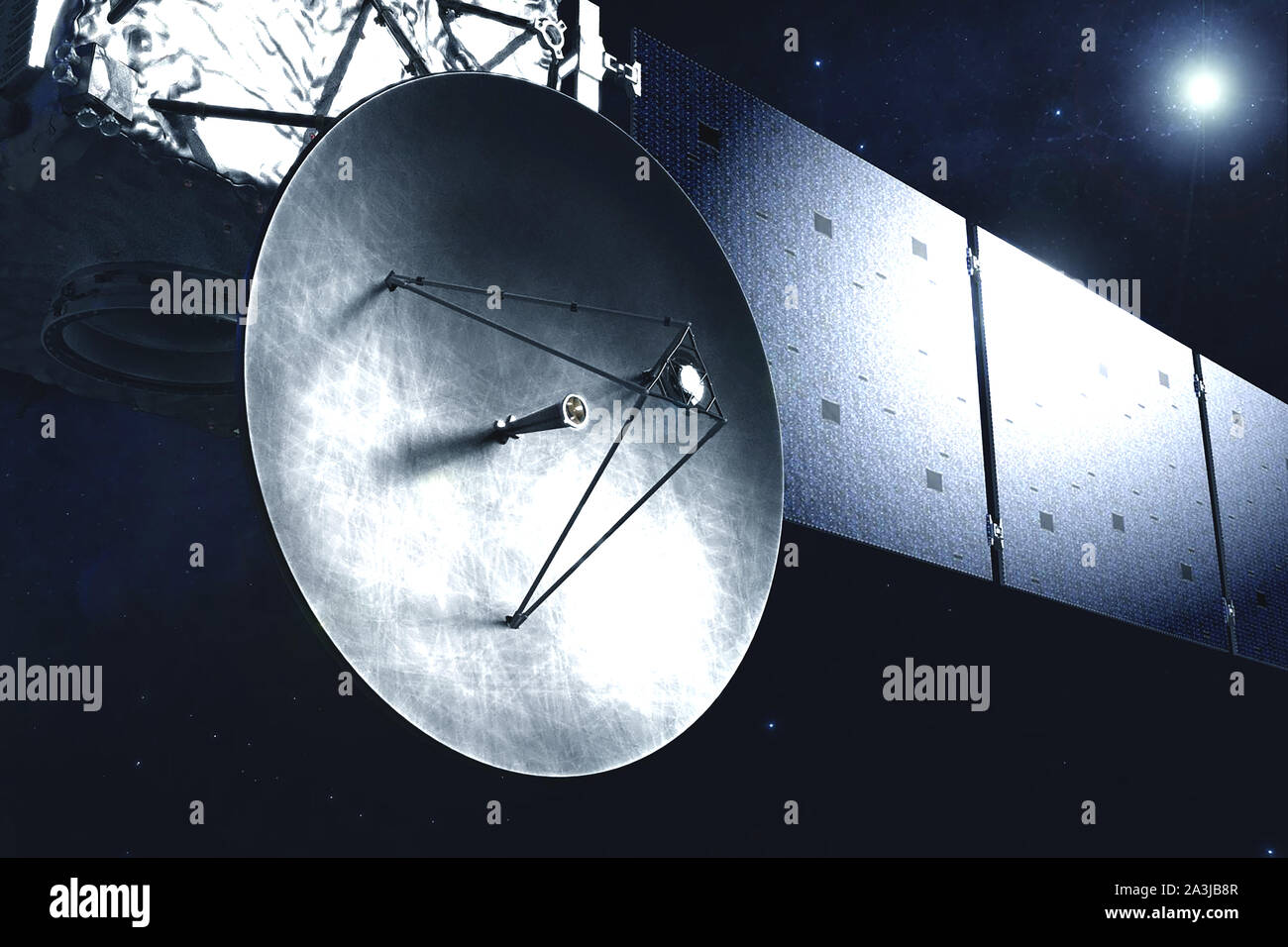 A huge dish of antenna, on a space satellite, station. Elements of this ...
