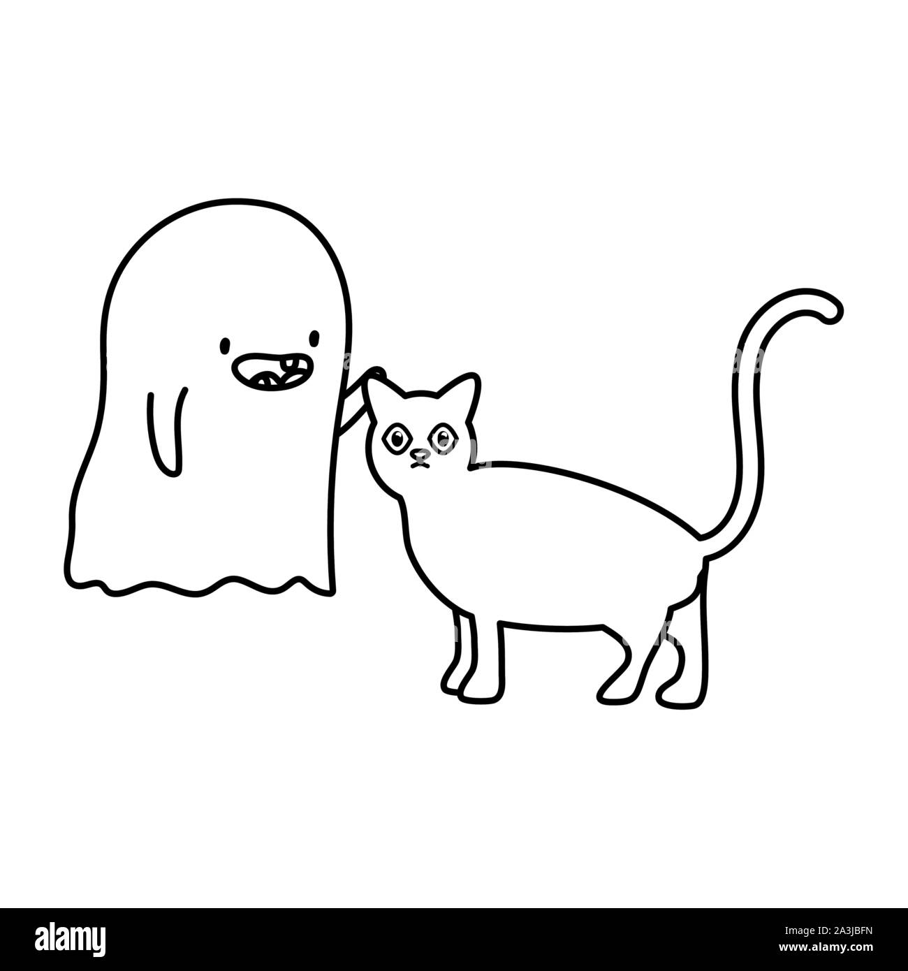 cat and ghosts trick or treat happy halloween vector illustration line ...