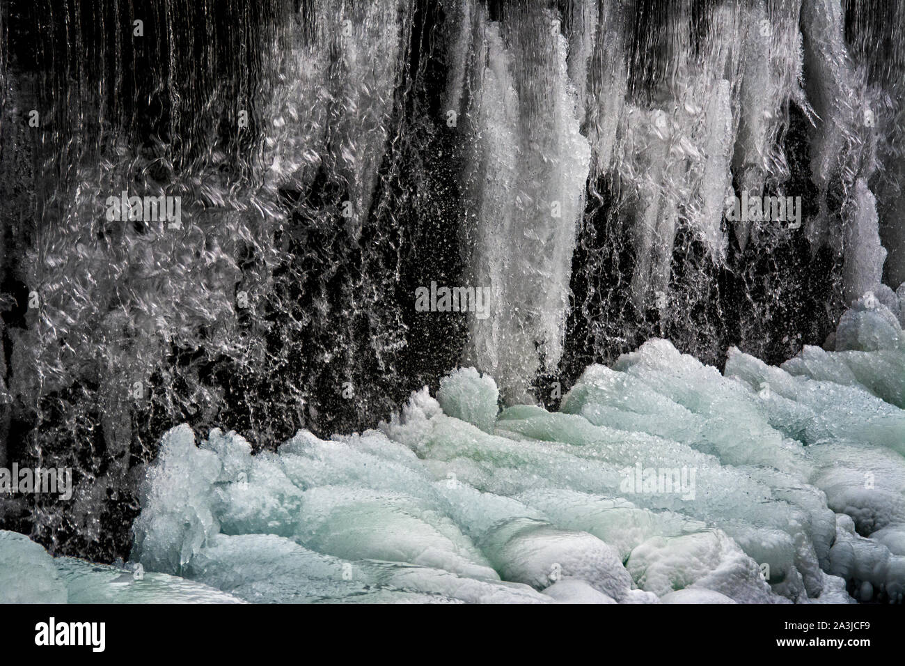 Freezing icy stream with semi-frozen waterfall and rippling falling ...