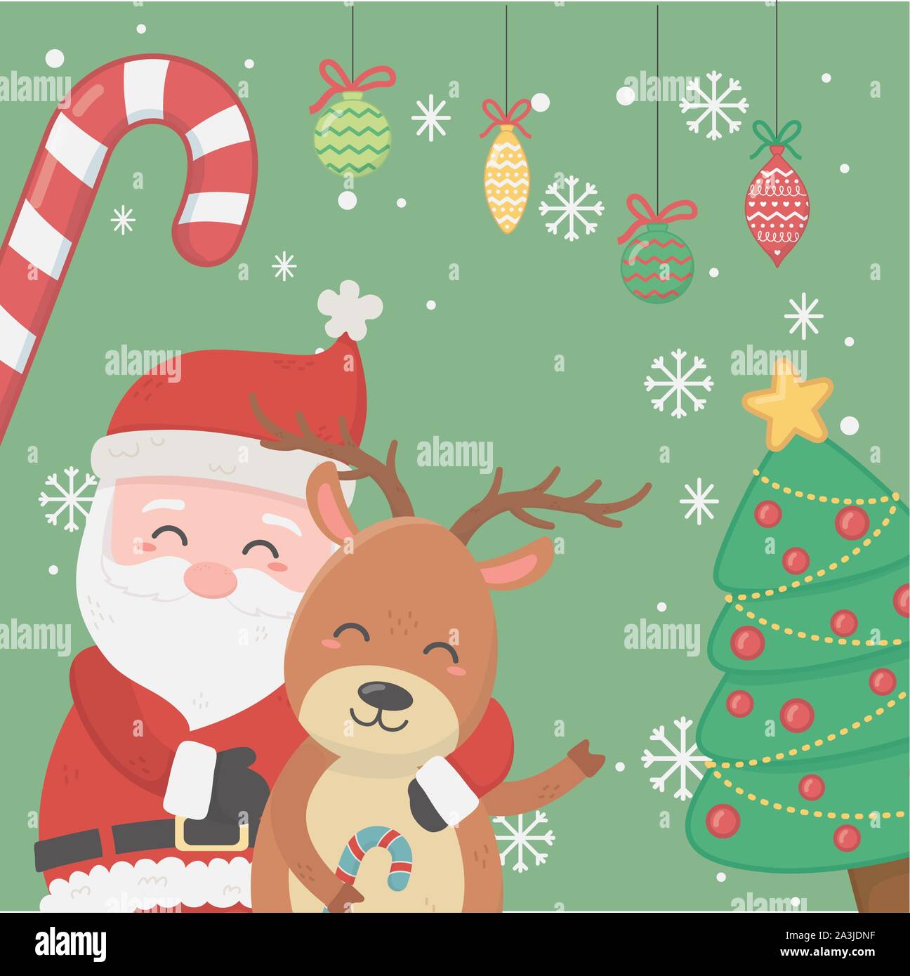 santa hugging reindeer tree candy cane balls snowflakes celebration ...