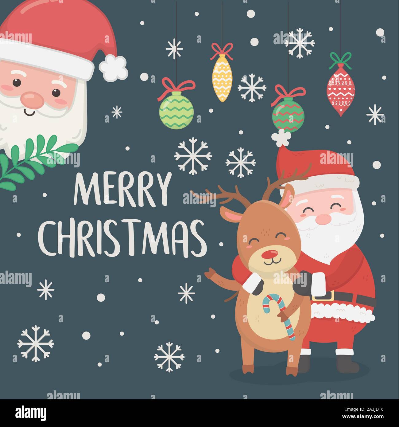 santa and reindeer hugging balls candy cane snowflakes celebration ...