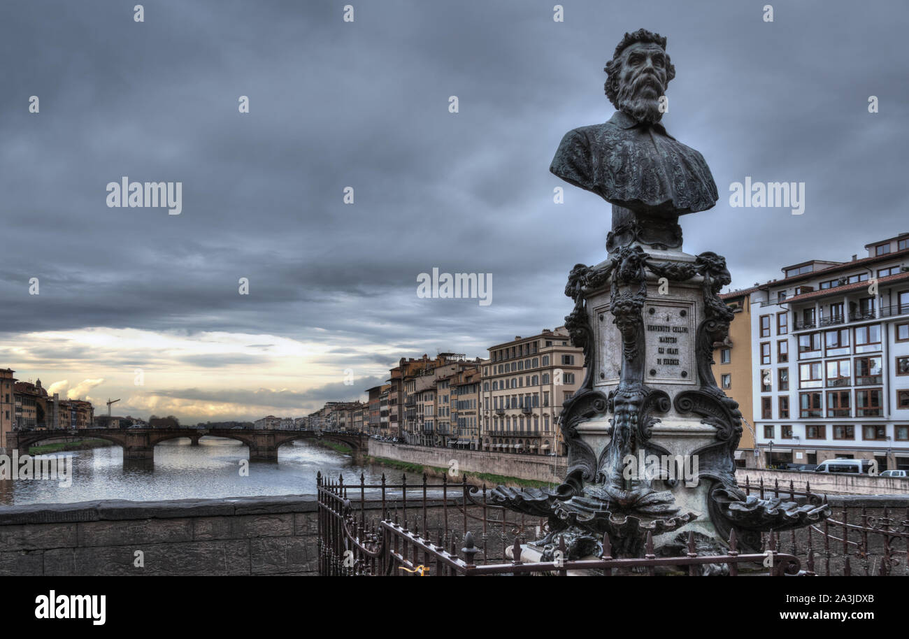 Photo taken on the Ponte Vecchio, Florence, showing the river Arno ...
