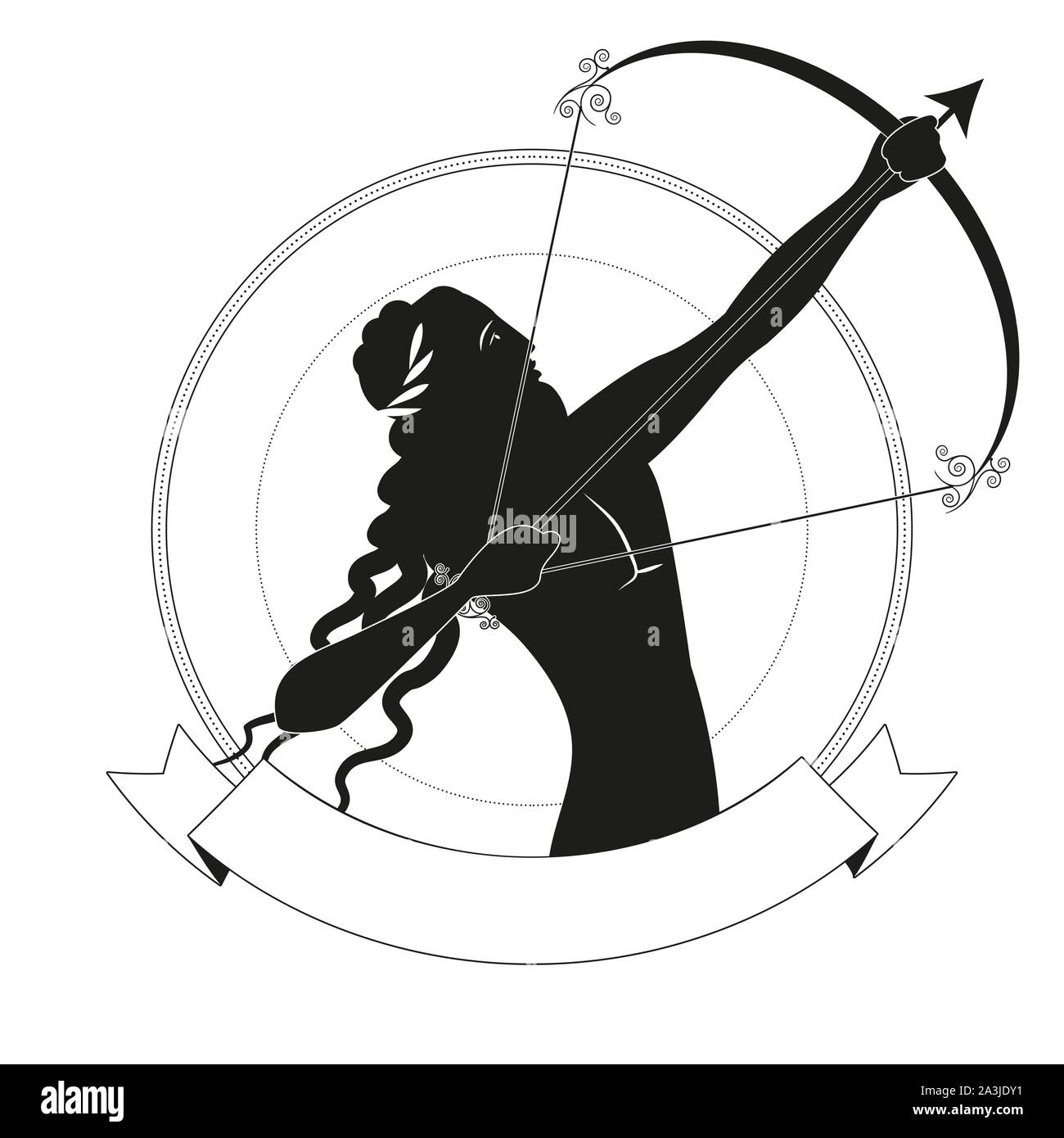 Black figure of archer with long hair and laurel wreath, tensing a bow ...