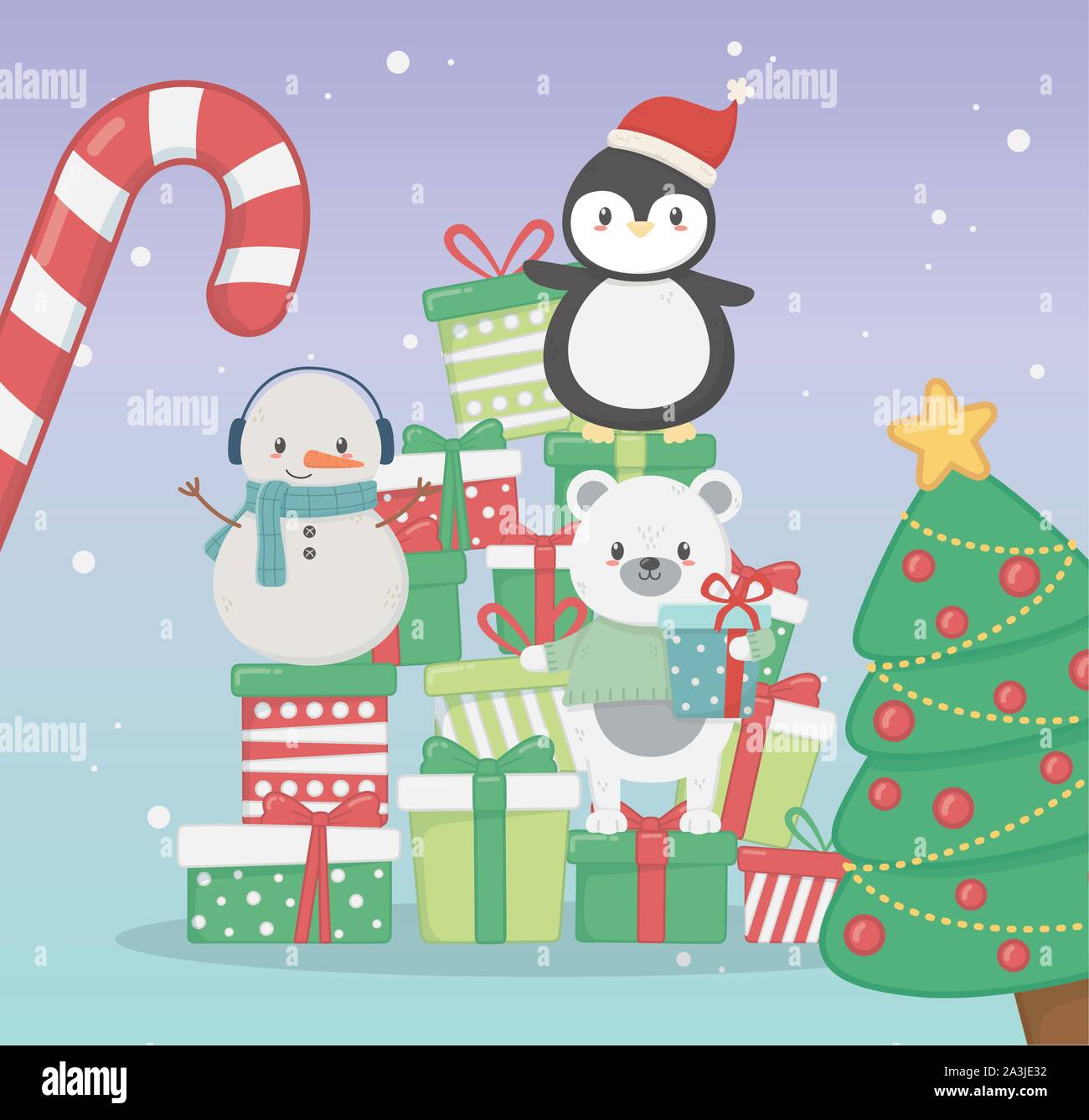 penguin bear and snowman with gifts tree candy cane snowflakes ...