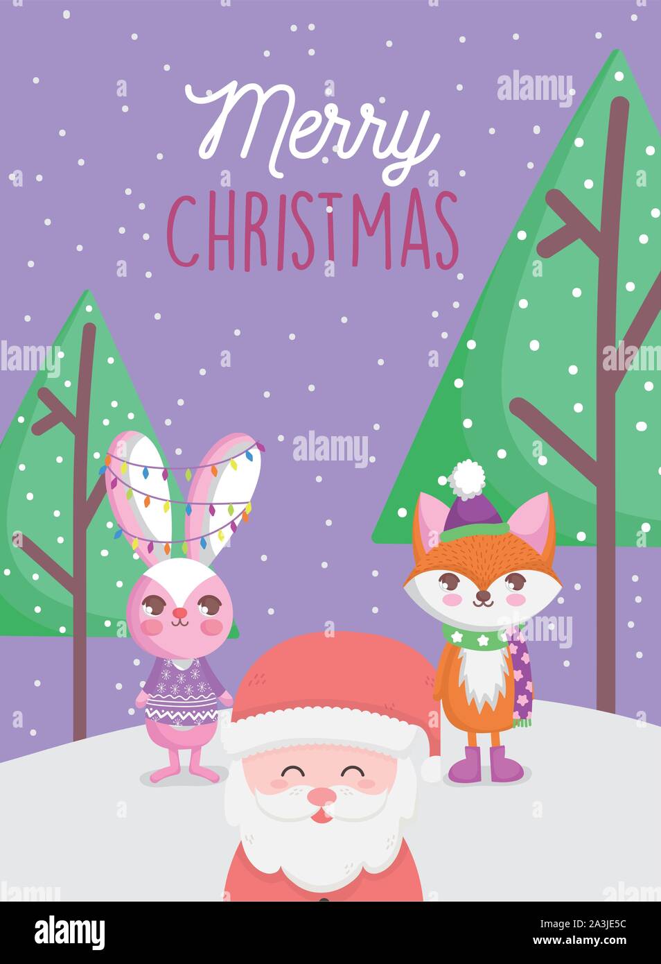 santa fox and rabbit lights trees snow merry christmas card vector ...