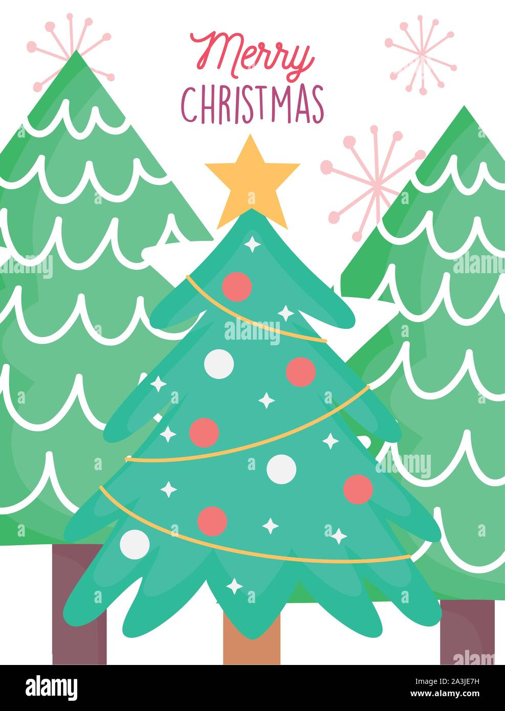 pine tree balls star decoration merry christmas card vector ...