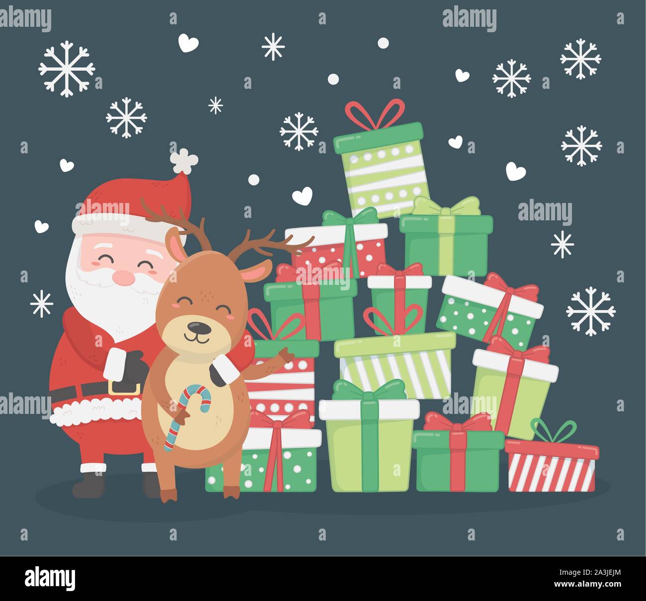 santa and reindeer with stack gifts snowflakes celebration merry ...