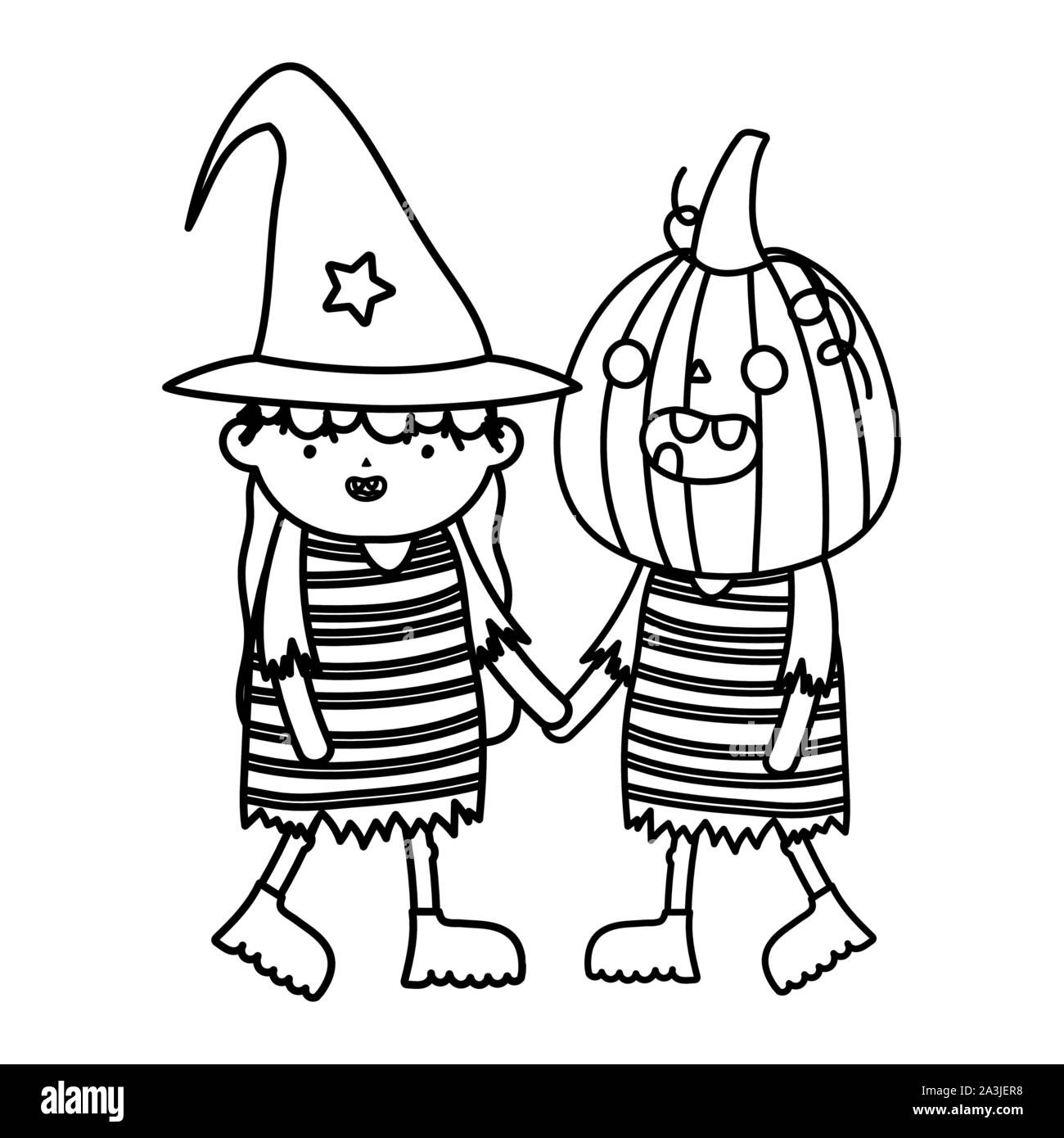 girl witch and boy pumpkin costume trick or treat happy halloween ...
