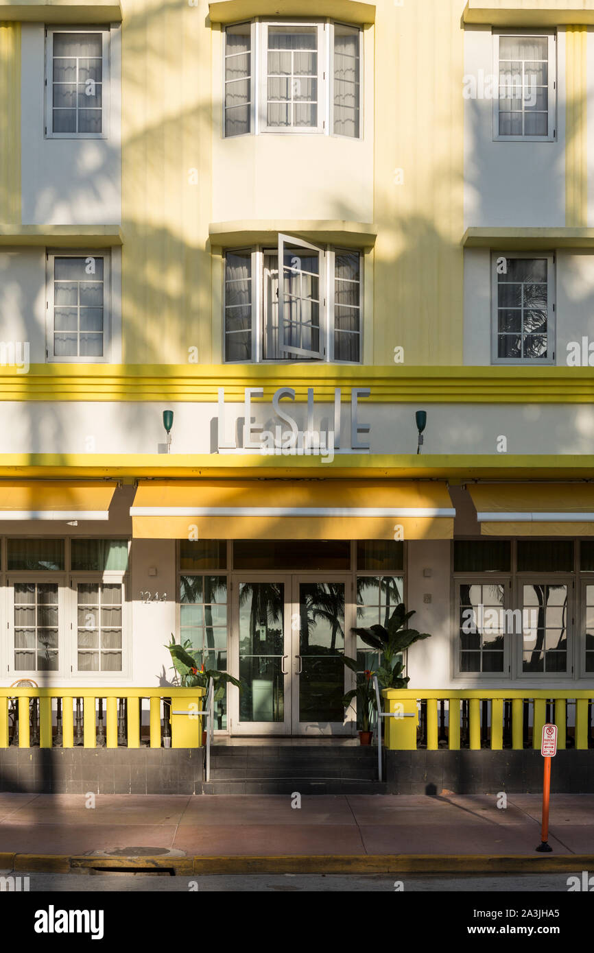 A close up of the Leslie boutique hotel on Ocean Drive in South Beach ...