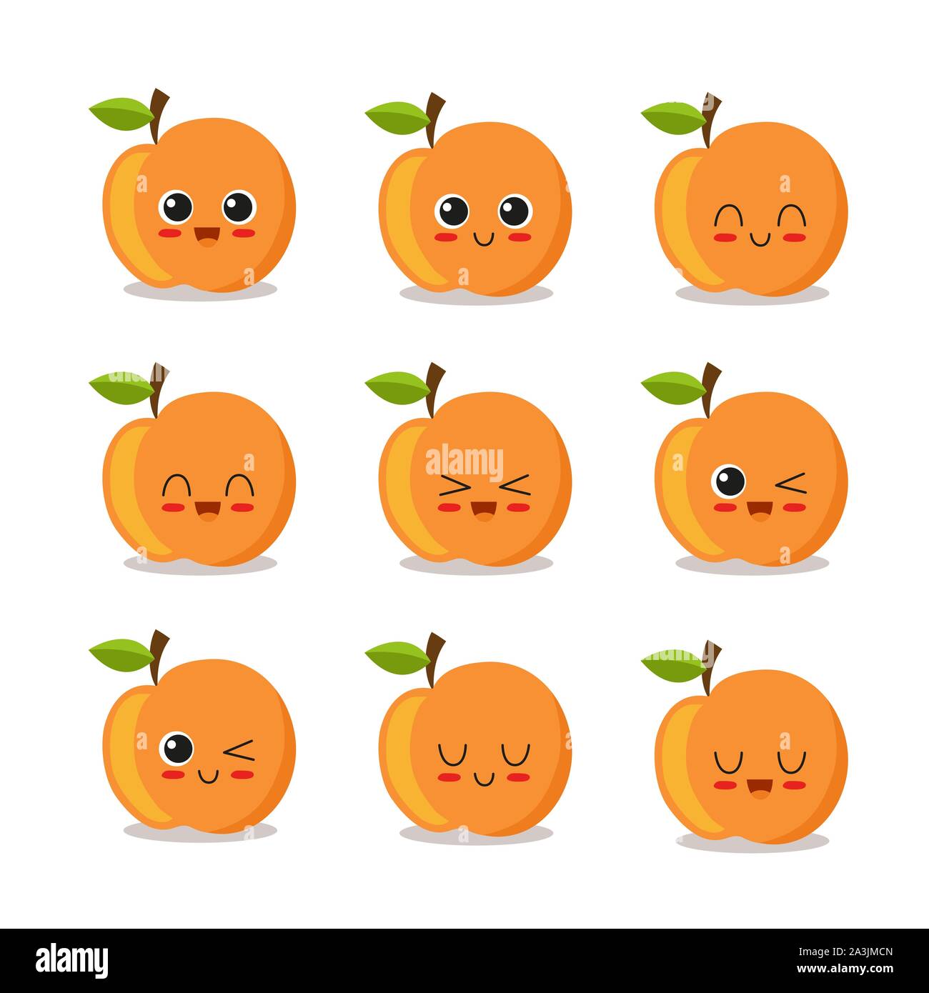 Cute, funny and happy peach set character. Fruits vector illustration ...