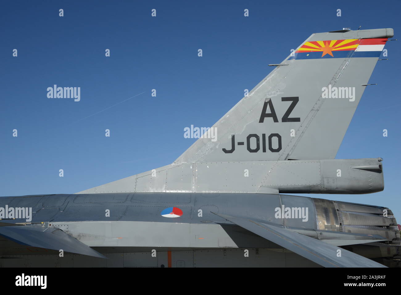 A weathered tail flash on an F-16 from the Royal Netherlands Air Force ...