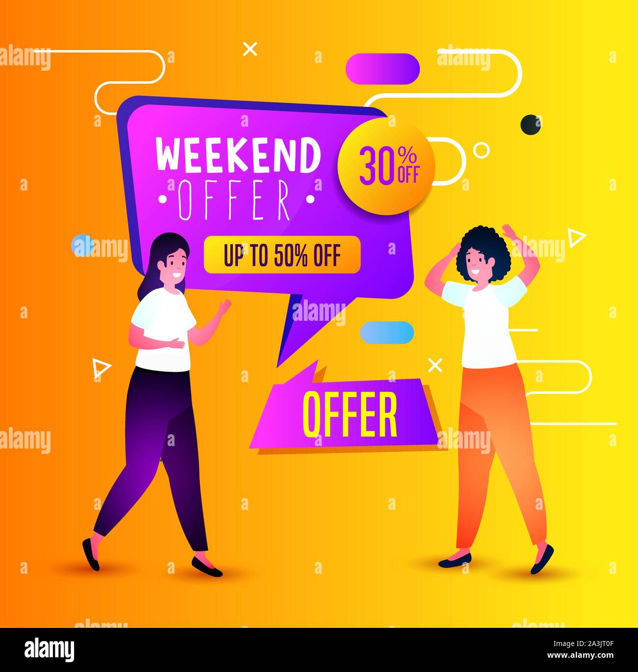 commercial label with weekend offer lettering and women Stock Vector ...