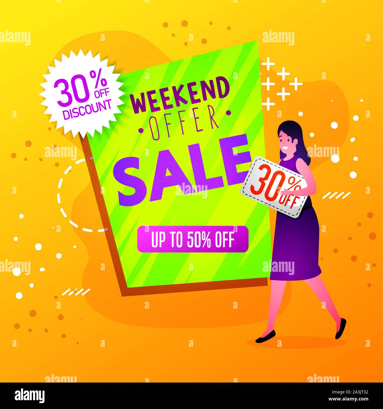 commercial label with weekend offer lettering and woman Stock Vector ...
