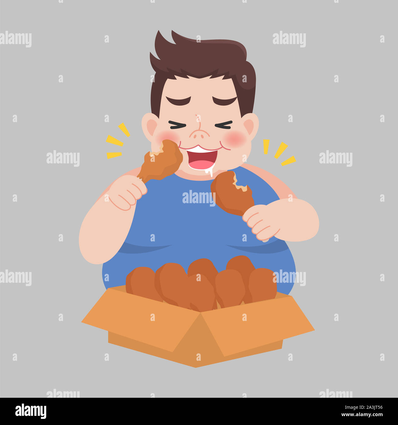 Big Fat Happy Man enjoy eat fast food, junk food, chicken drumstick ...