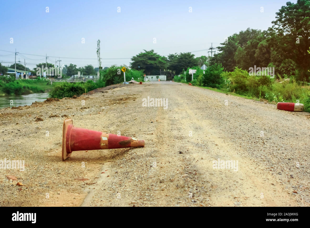 The old traffic cone falling on the road that was being repaired along ...