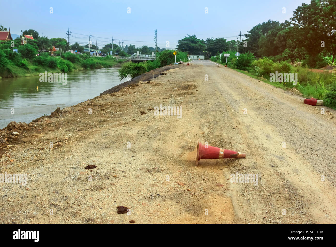 The old traffic cone falling on the road that was being repaired along ...