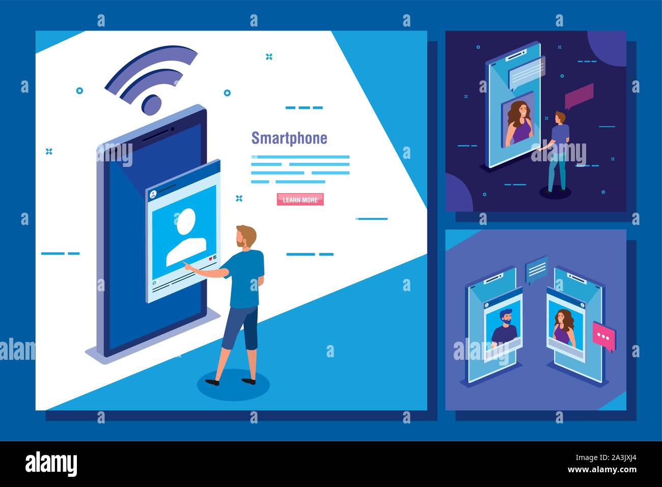 set of scenes with smartphone and social media icons Stock Vector Image ...