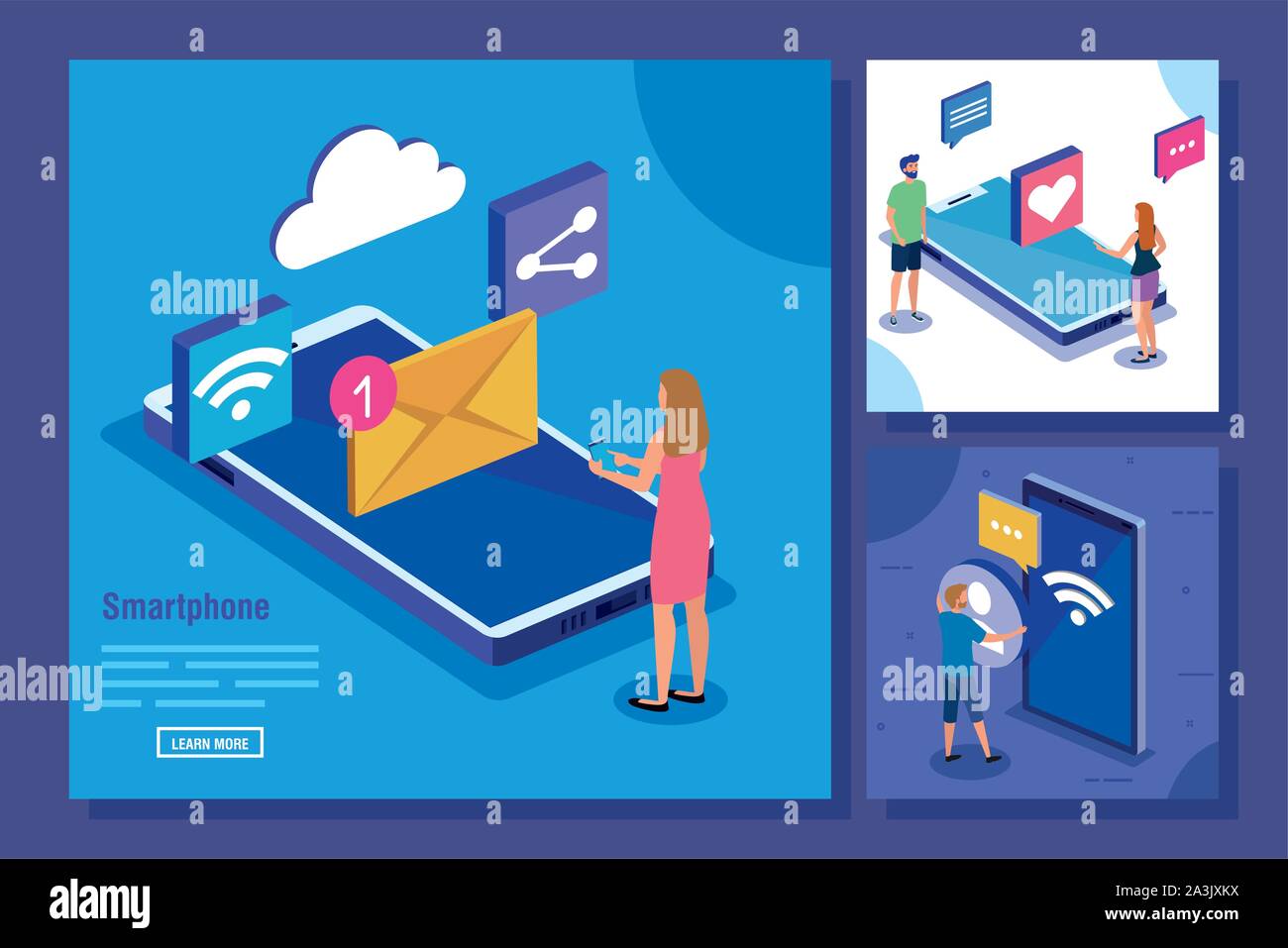 set of scenes with smartphone and social media icons Stock Vector Image ...