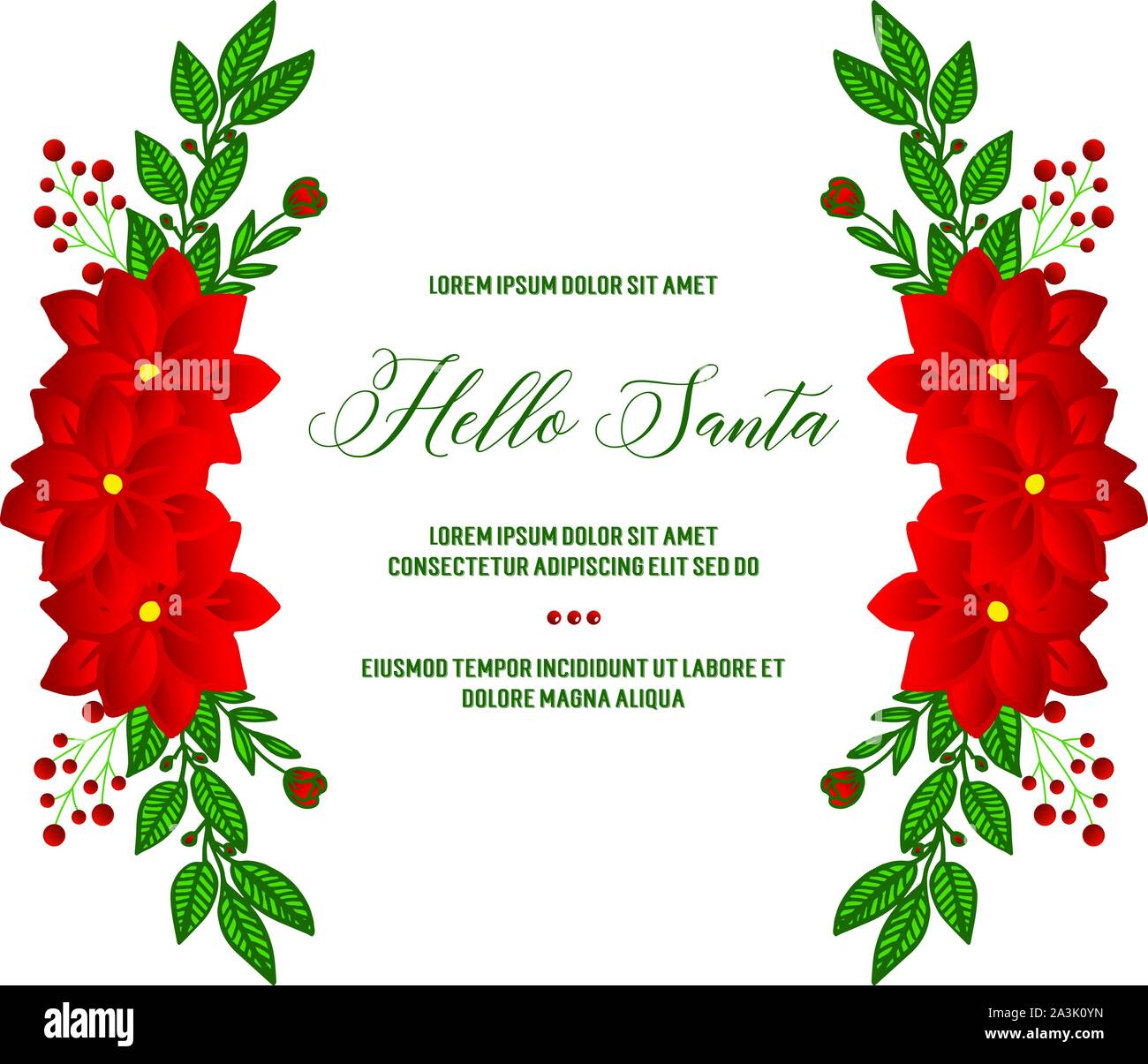 Handwritten text of hello santa, with decor ornate of red wreath frame ...