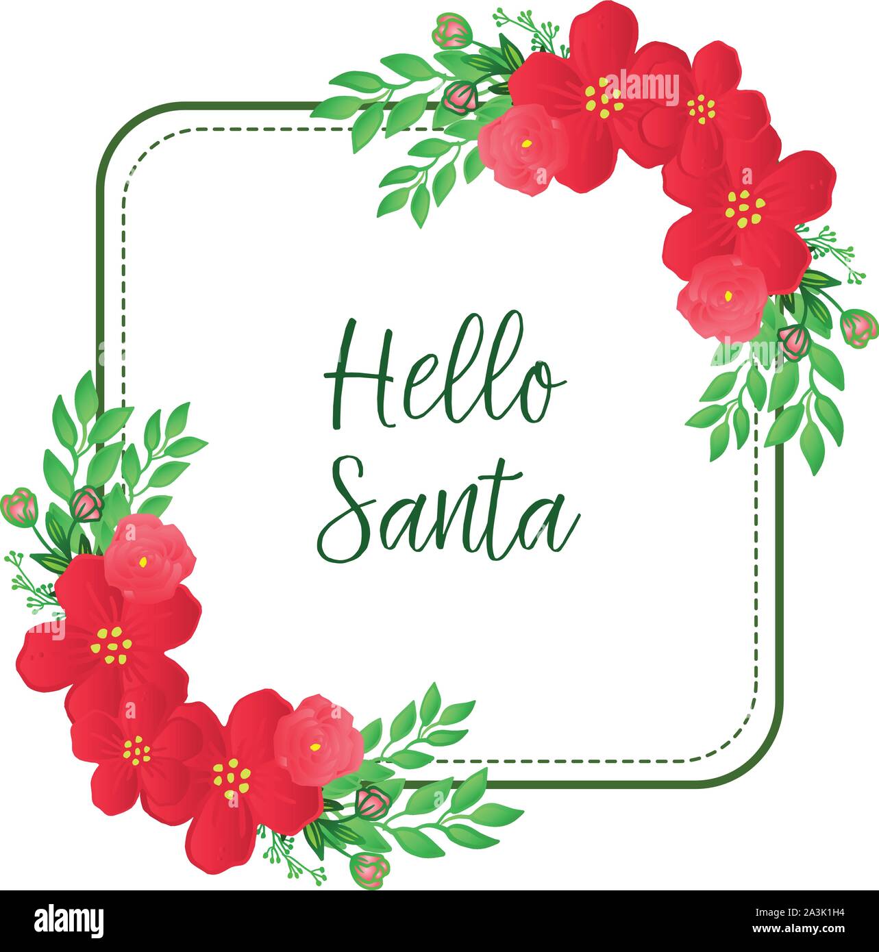 Lettering card of hello santa, with decoration of abstract red wreath ...