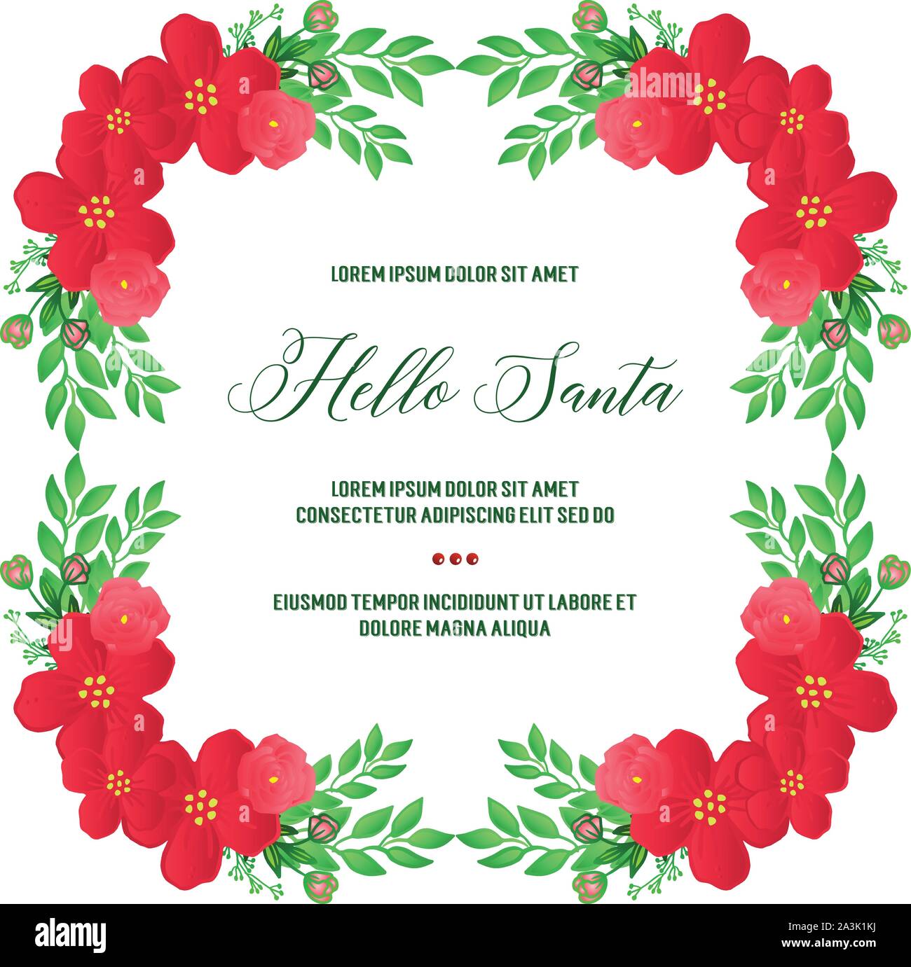 Lettering card of hello santa, with decoration of abstract red wreath ...