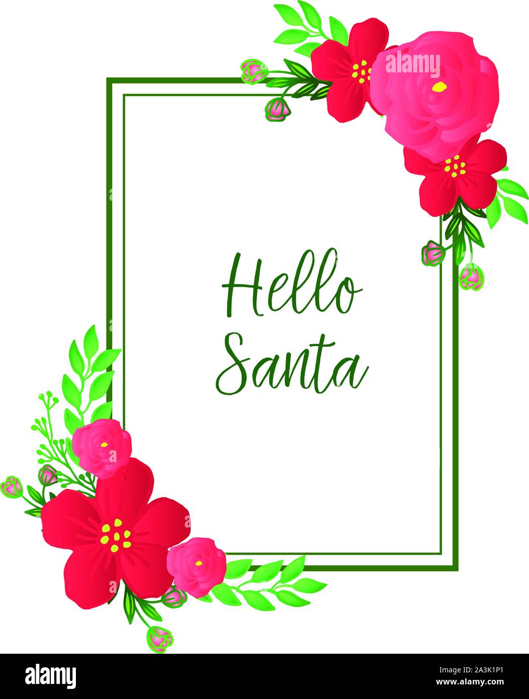 Design greeting card text of hello santa, with ornament of nature red ...