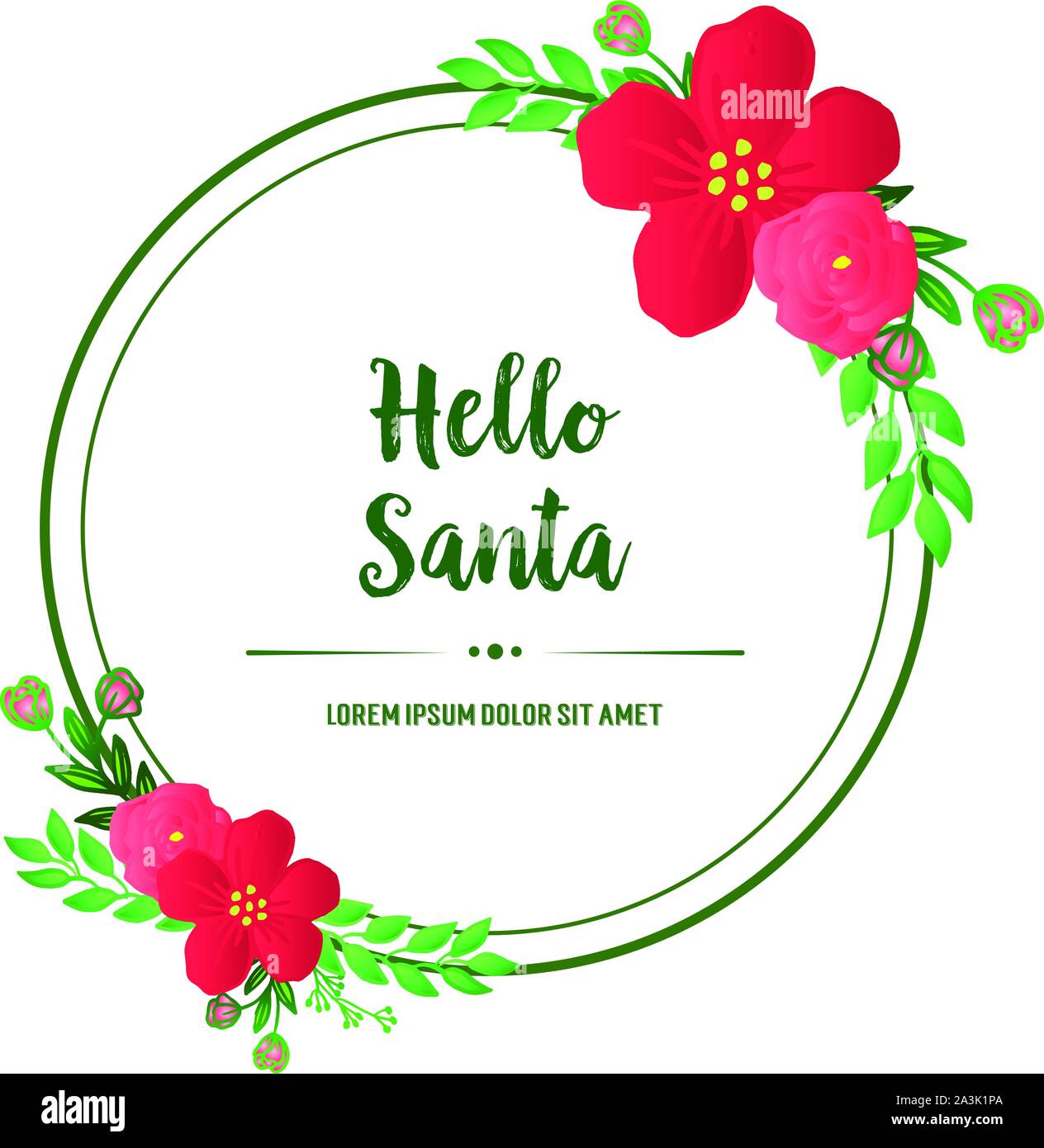 Design greeting card text of hello santa, with ornament of nature red ...