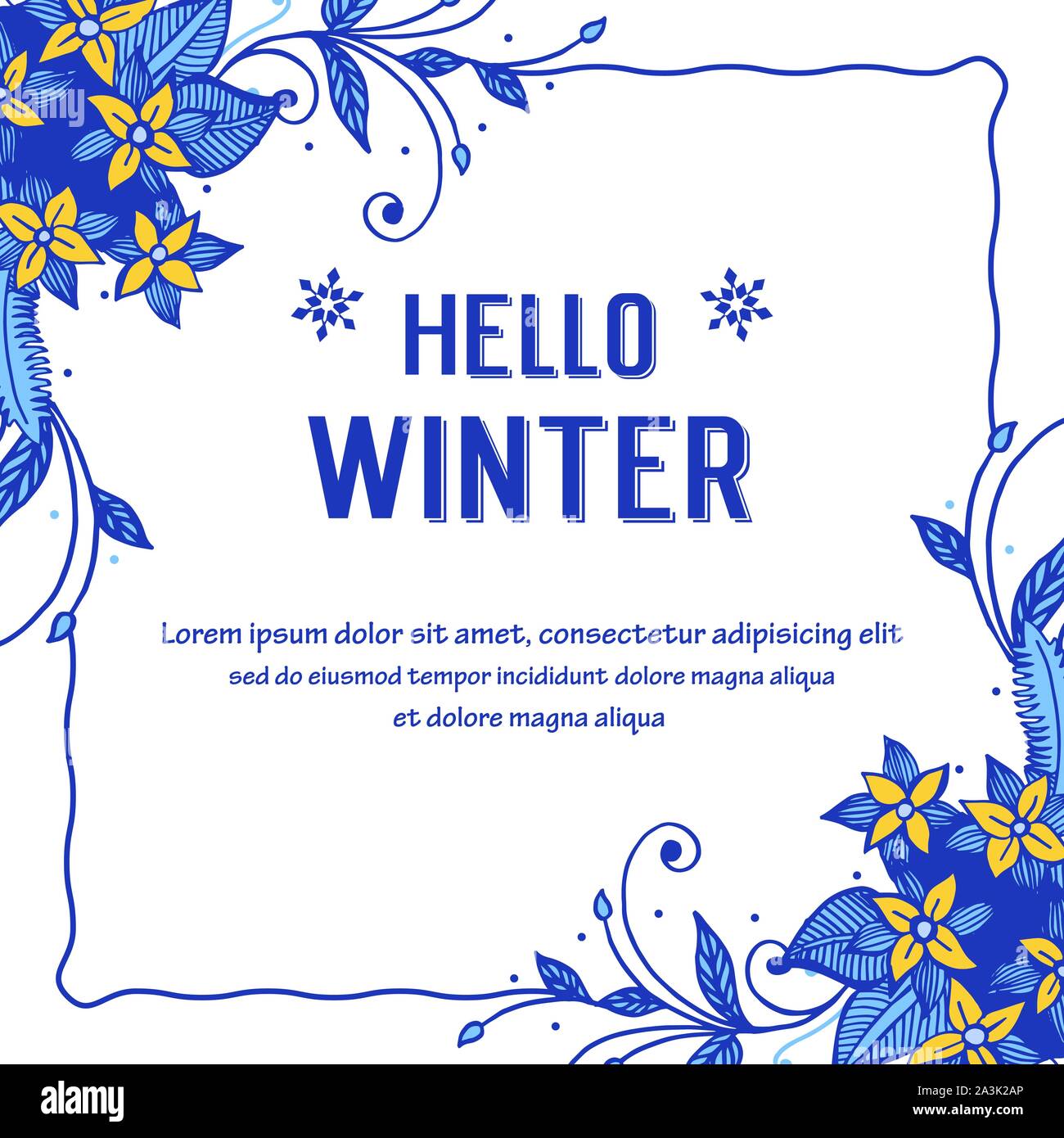 Template hello winter, with decorative of blue leaves frame and yellow ...