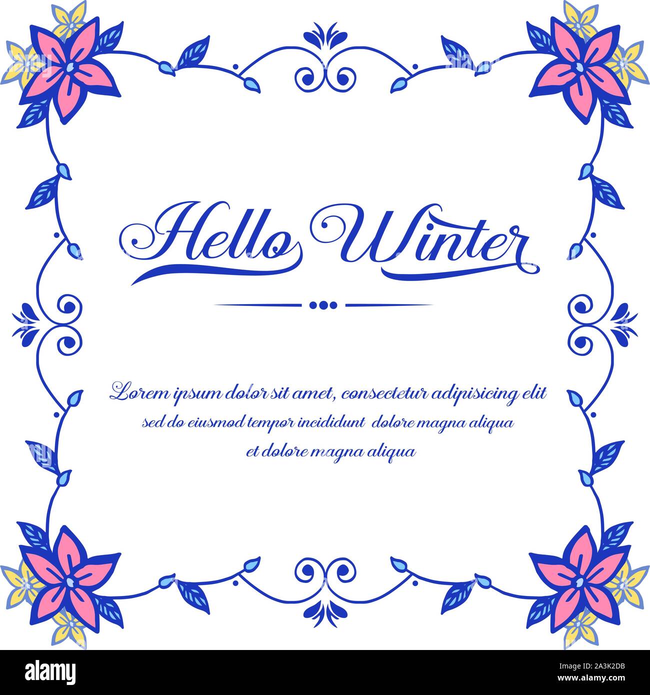 Greeting card hello winter, with beautiful vintage leaf flower frame ...