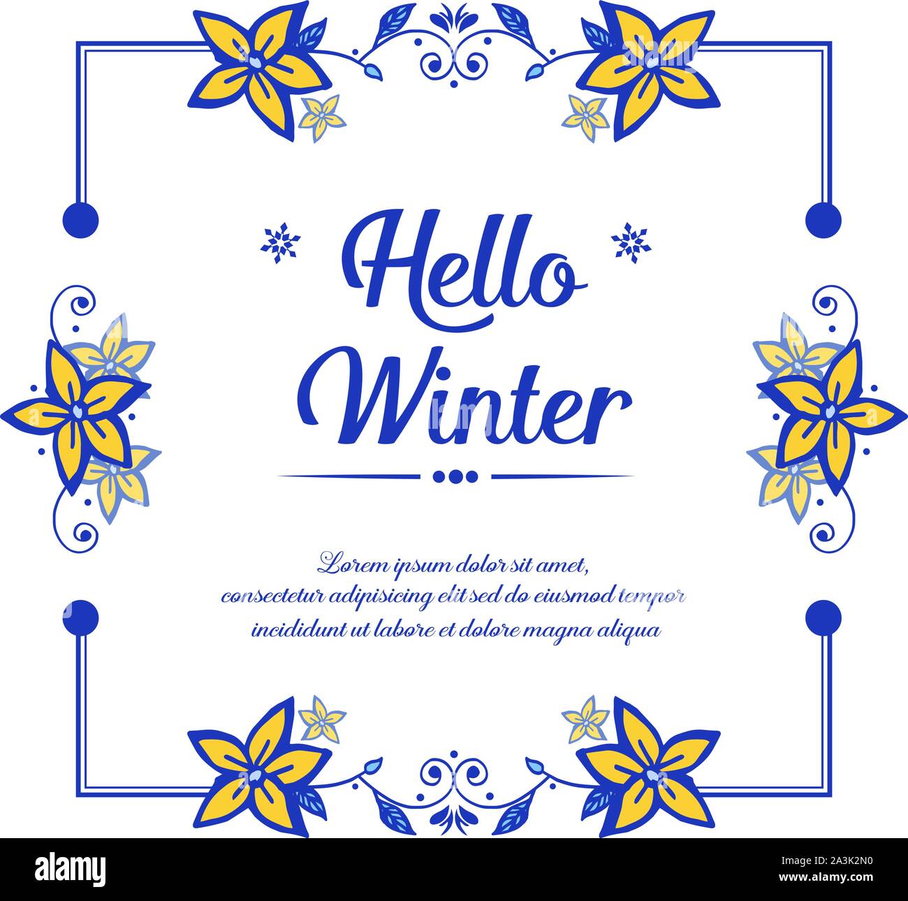 Modern greeting card hello winter, nature blue leafy flower frame ...