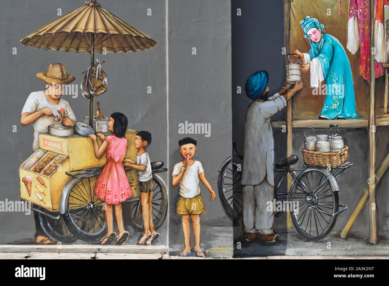 Detail of a large wall painting by artist Yip Yew Chong depicting the ...