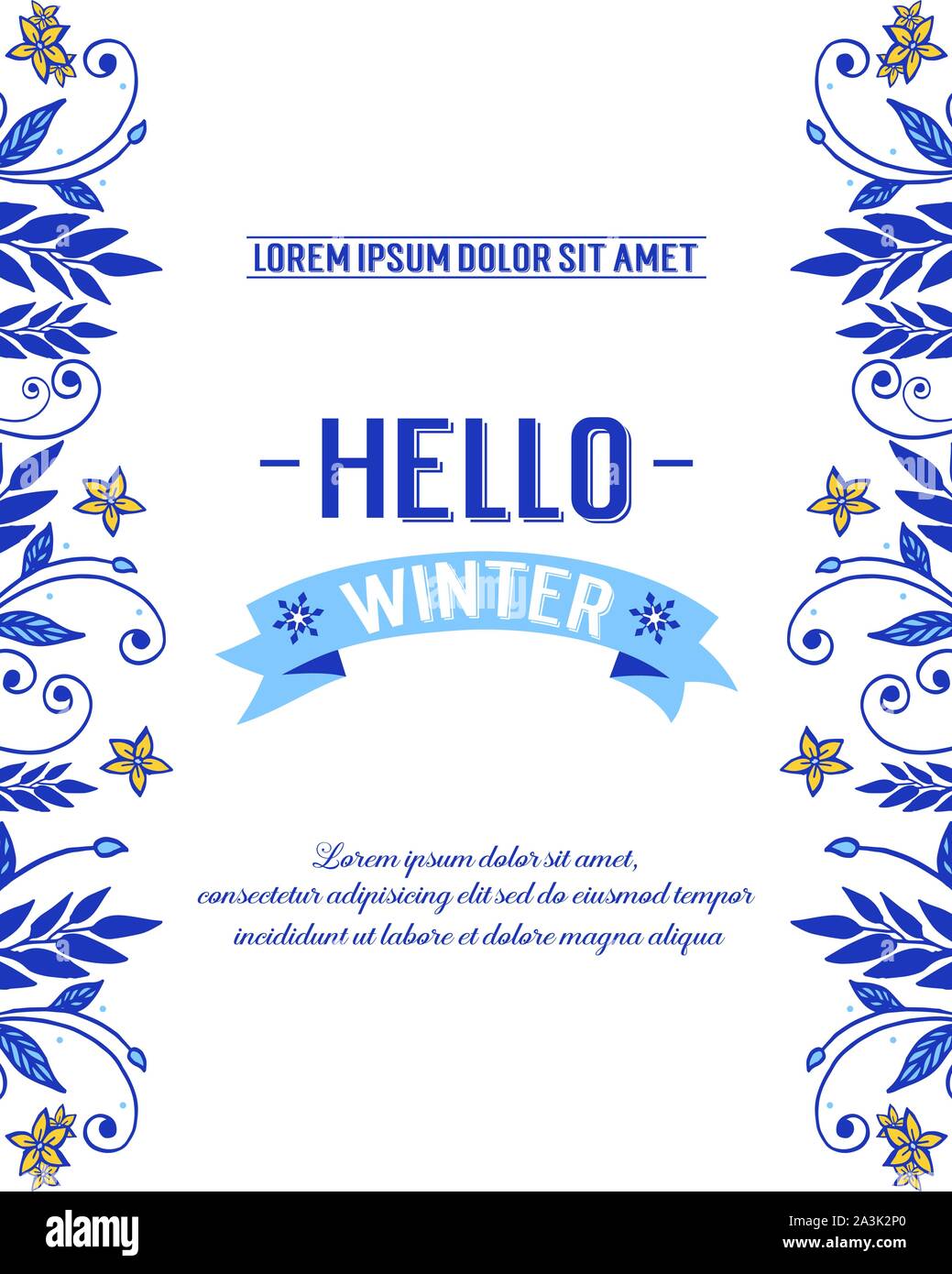 Modern greeting card hello winter, nature blue leafy flower frame ...