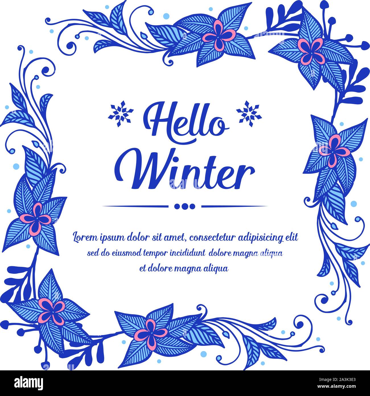 Space for text, hello winter, with design element of blue leafy flower ...