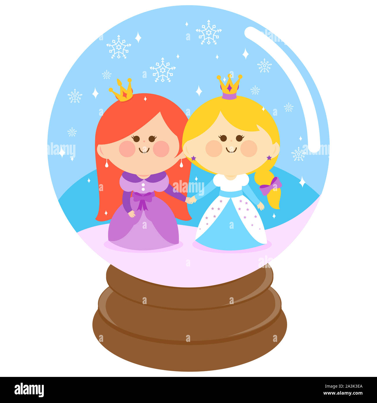 Two beautiful princesses holding hands inside a snow globe. Cold snow ...