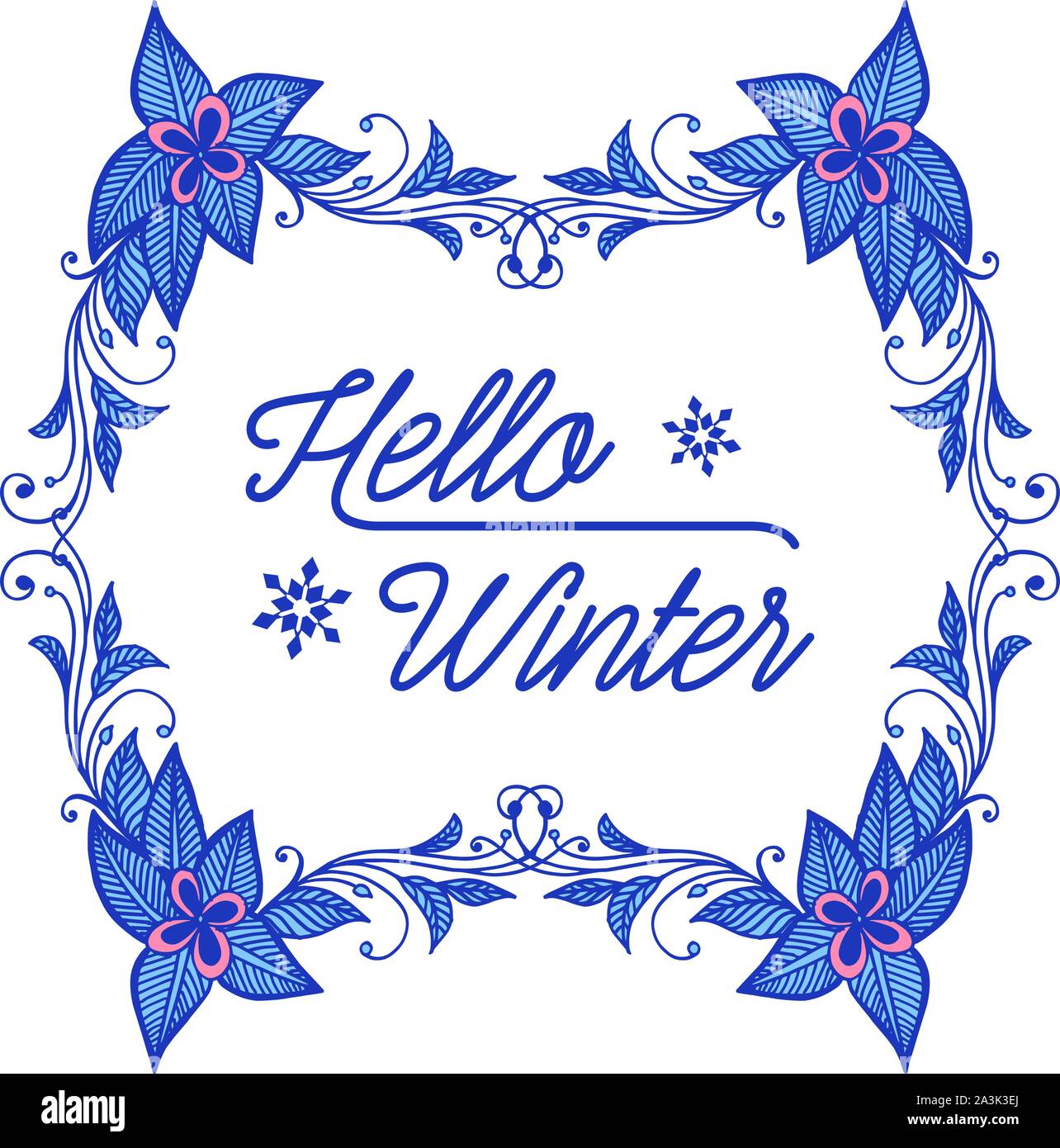 Space for text, hello winter, with design element of blue leafy flower ...