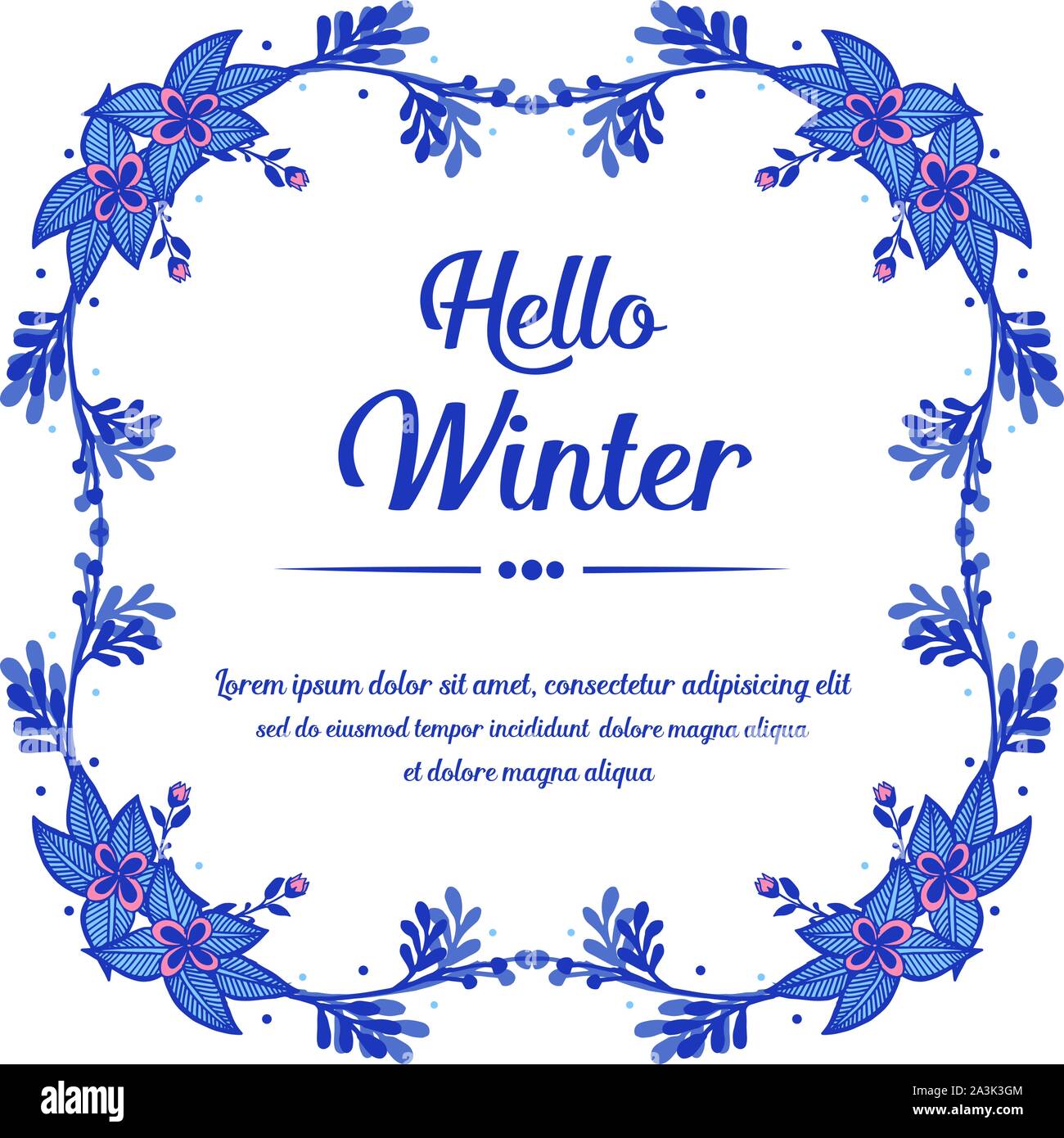 Design greeting card hello winter, with abstract beautiful blue leafy ...