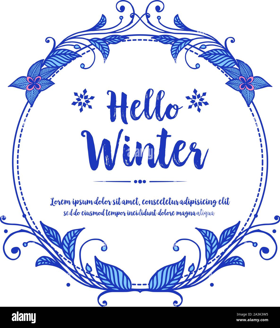 Template for poster hello winter, with elegant blue leaf flower frame ...