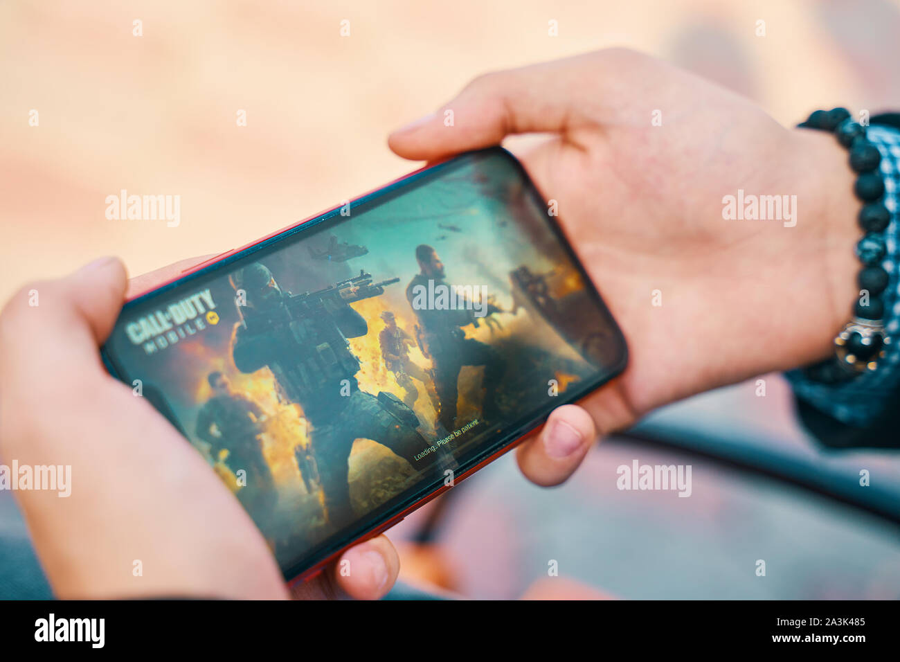 Bishkek, Kyrgyzstan - October 10, 2019: Loading screen with logo. Man ...