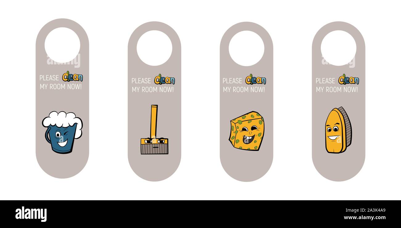 Set of door hangers. Vector illustration. Please clean my room now ...