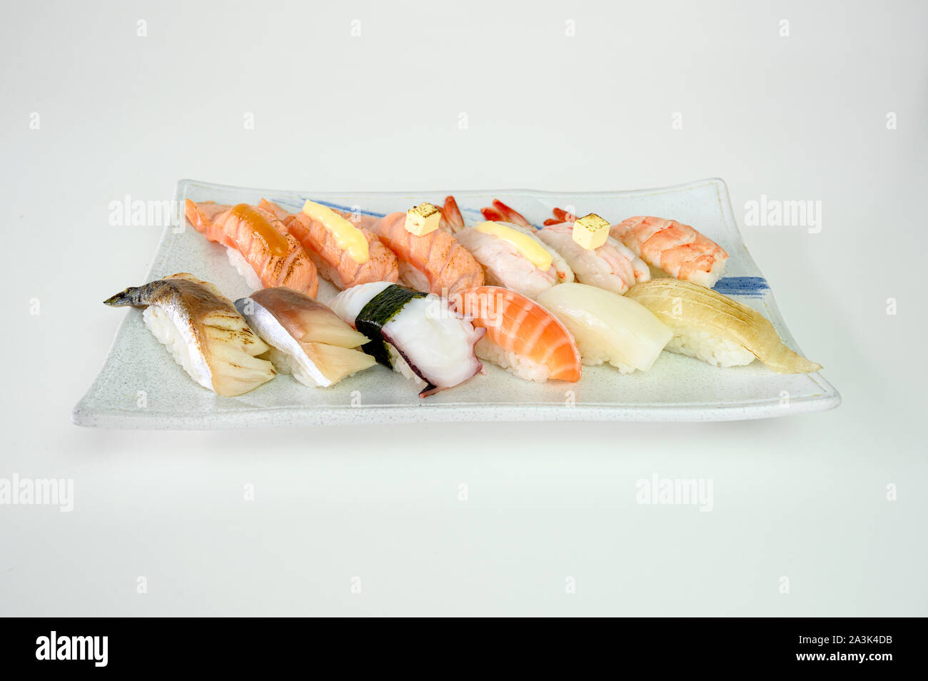 Various japanese sushi nigiri of Salmon, Shrimp, Saba, Tako, Squid ...