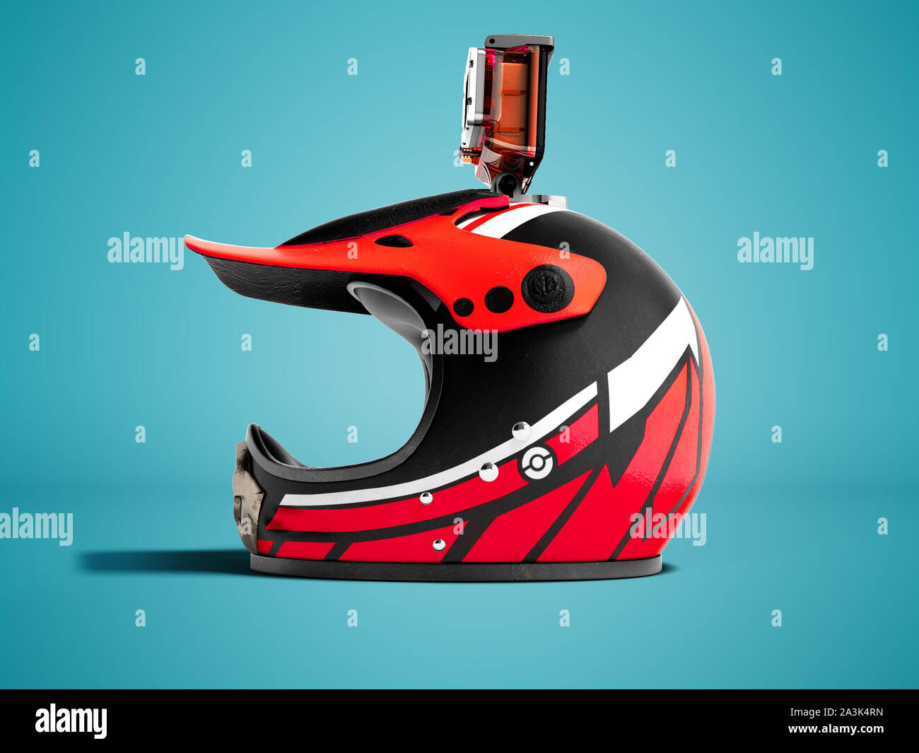 Modern red motorcycle helmet with red camera action left 3d render on ...