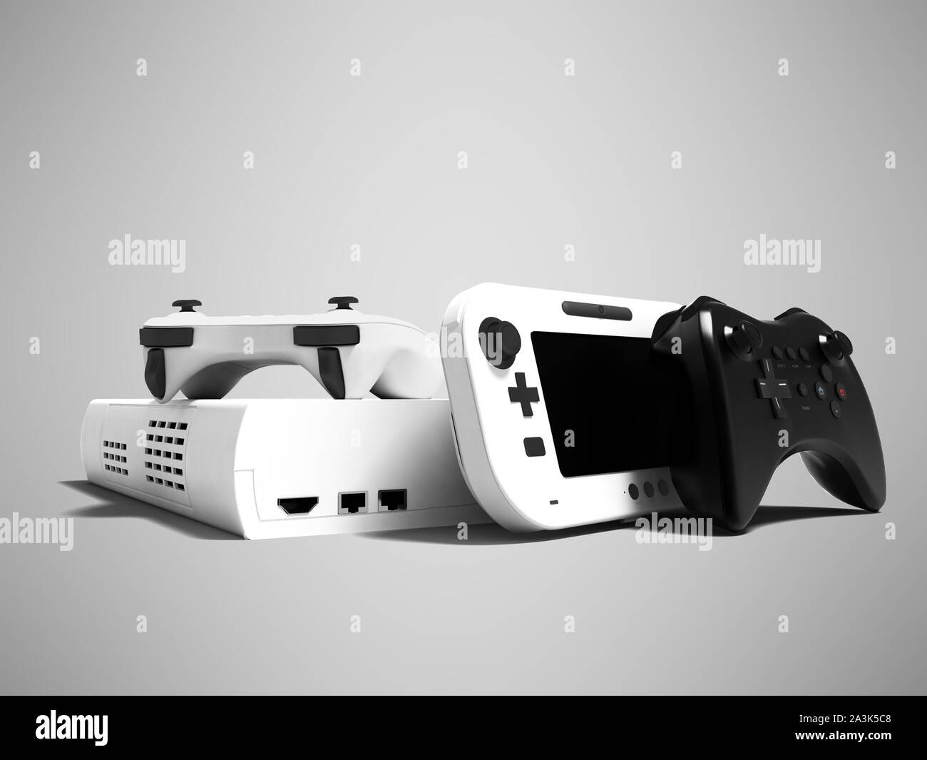 Modern white joysticks with video game console and portable game ...