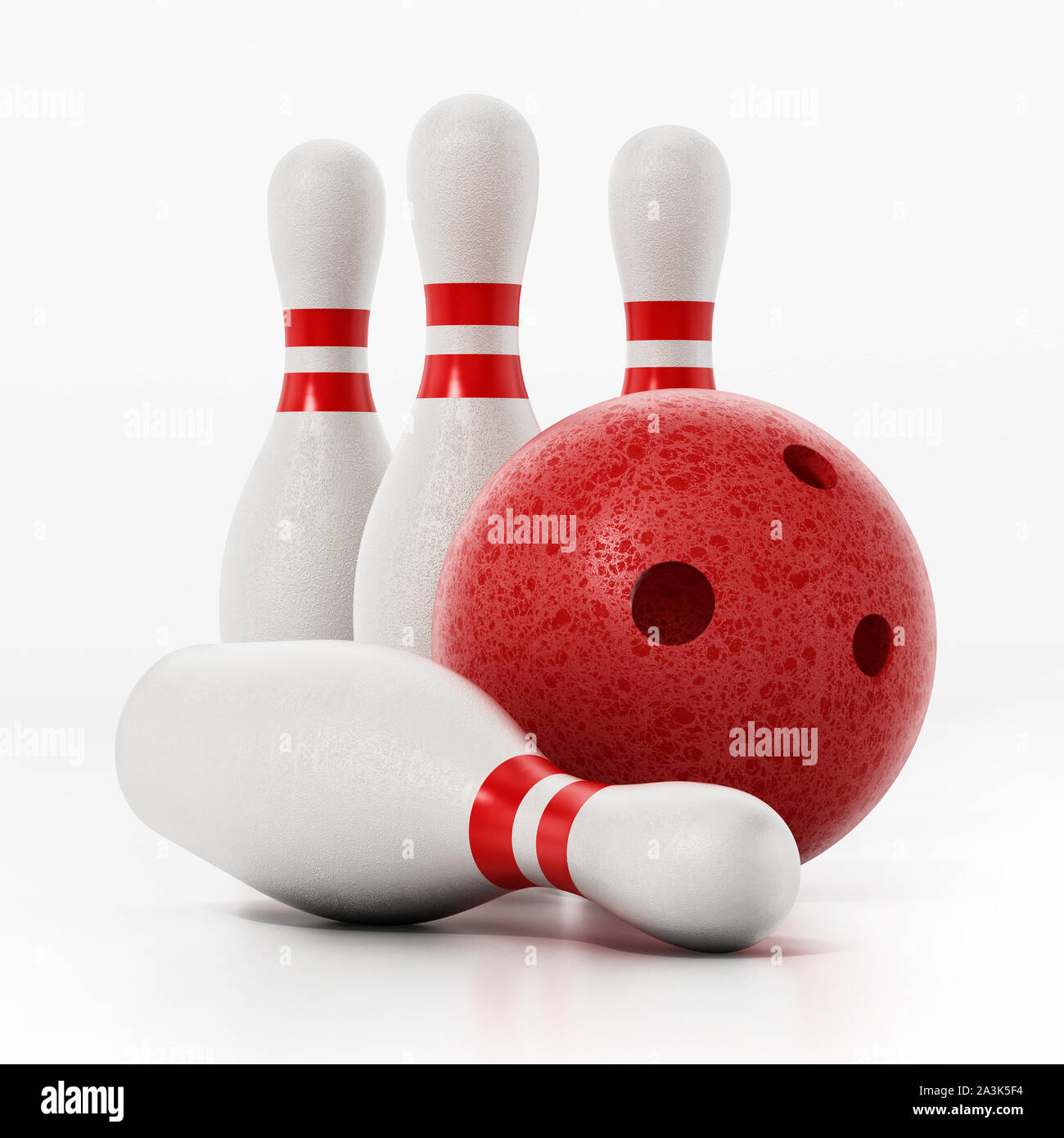 Bowling pins and red bowling ball isolated on white background. 3D ...